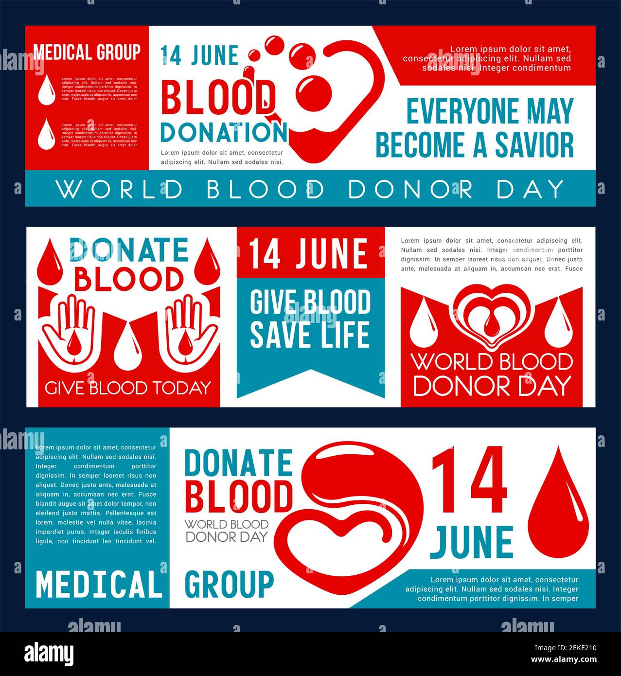 Blood donation and Donor Day banners for social responsibility and 14 ...