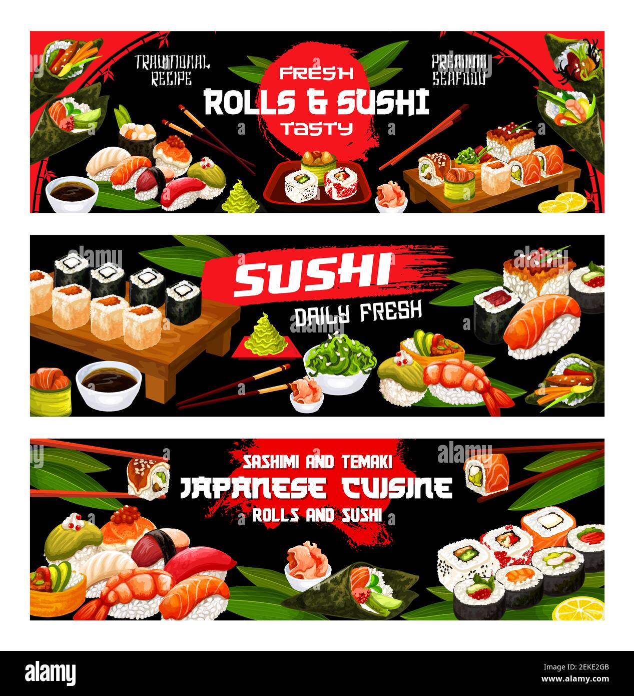 Sushi menu, Japanese bar and Asian restaurant banners. Vector Japan ...