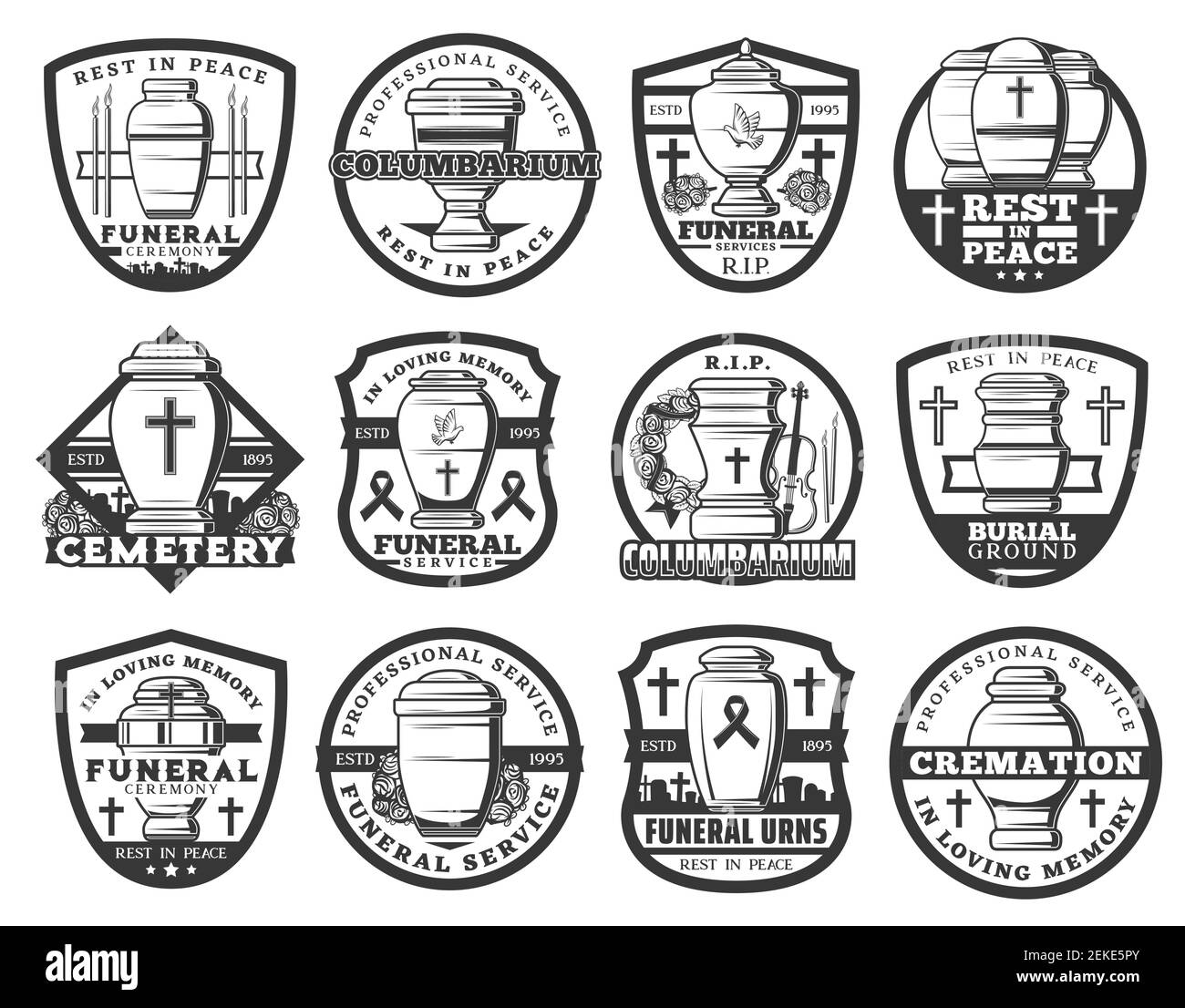 Funeral service icons, cremation and burial ceremony organization ...