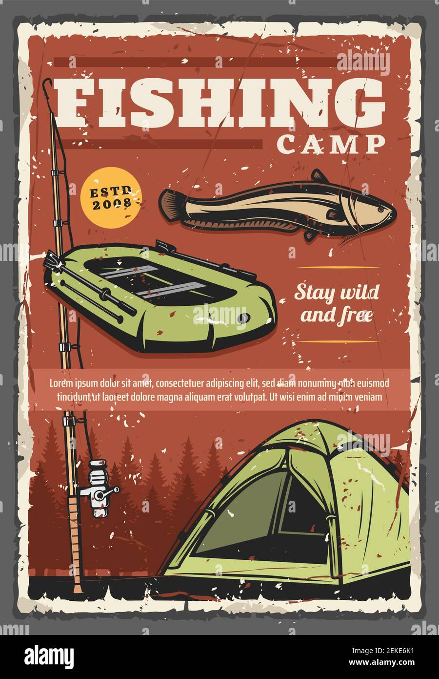 Fishing camp retro poster with fish, fisherman and tourist sport ...