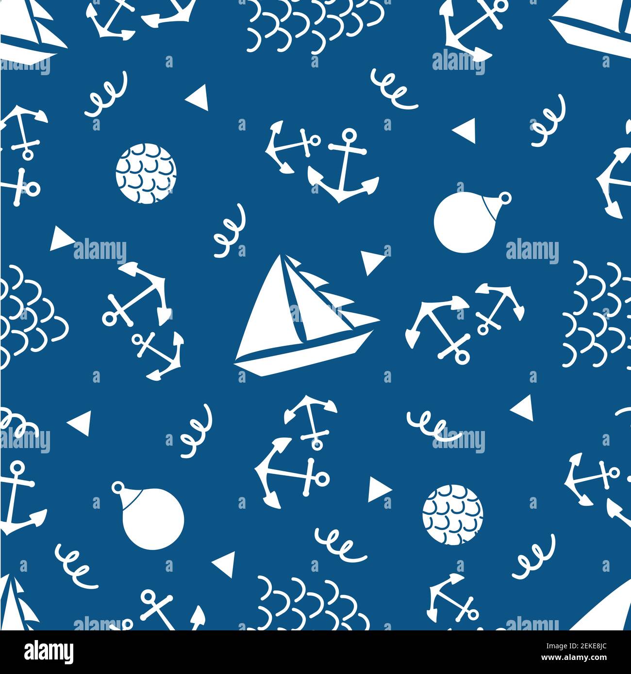 Boats, anchors, buoys vector seamless pattern background. Blue white ...