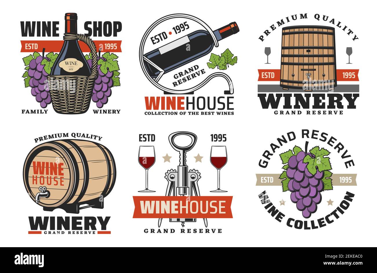 Winemaking house and winery wine grand reserve icons. Vector wine ...