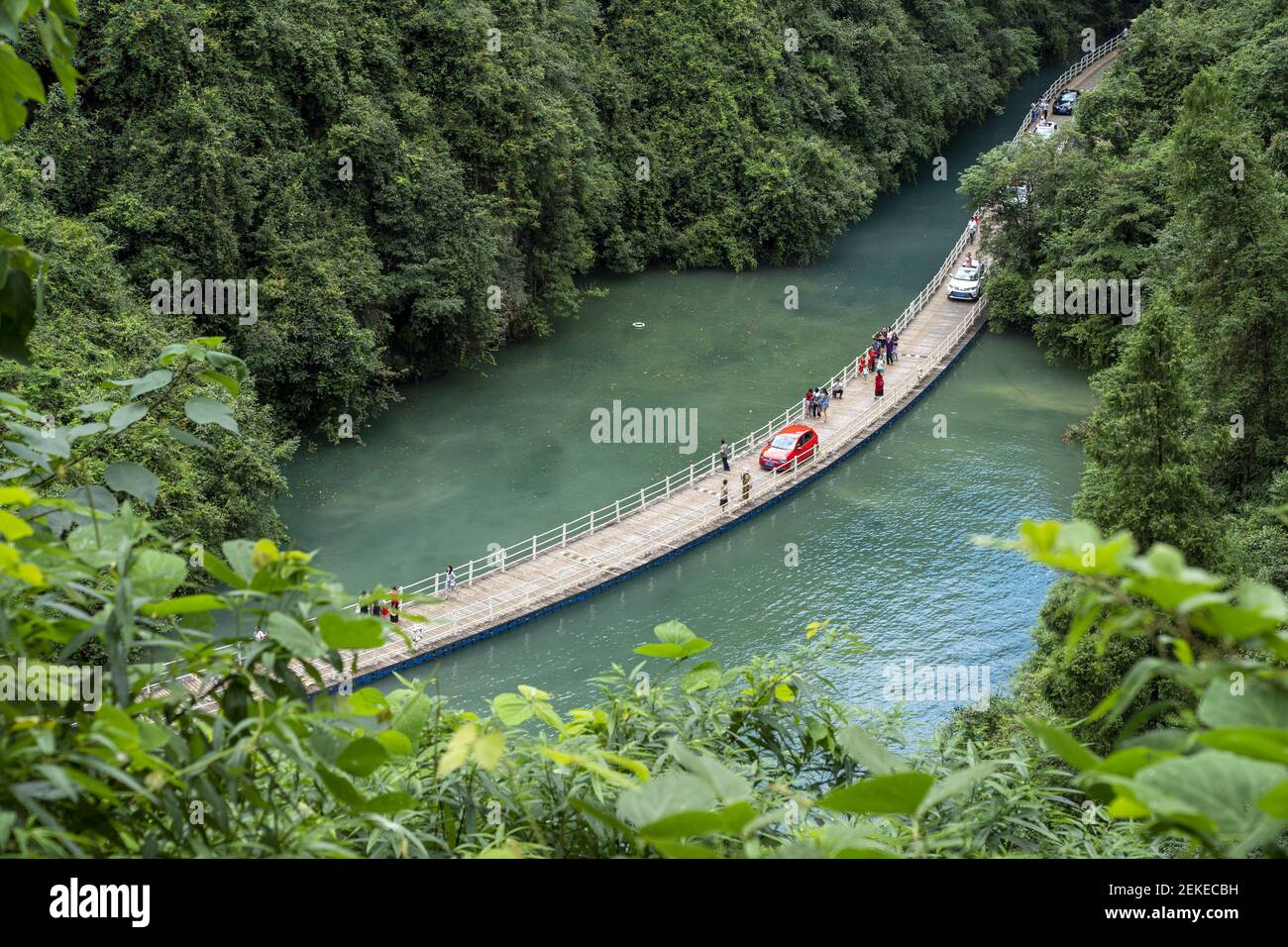 Aerial view of people walking on a float bridge at Shiziguan Village in ...