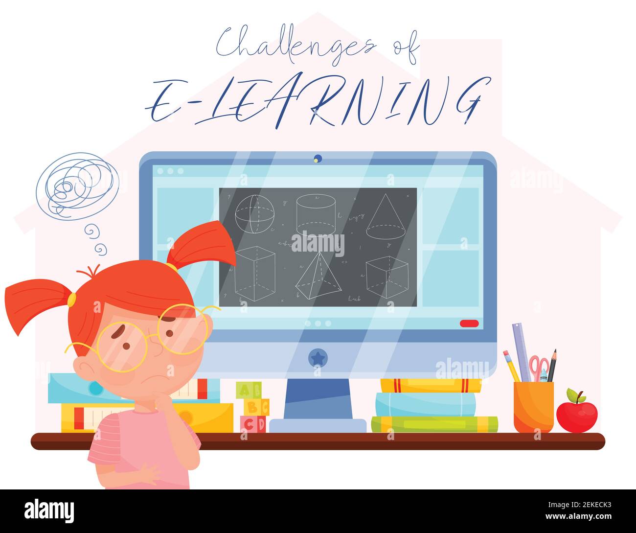 Challenges of e-learning concept. Confused girl during online classes ...