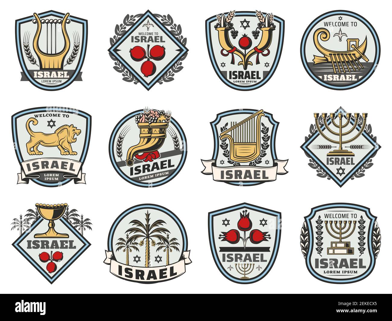 Israel travel and welcome badges, traditional Jewish heraldic symbols ...