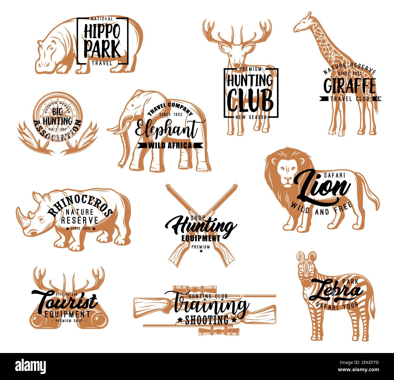 Hunting club, African safari hunt season lettering icons. Vector hippo ...