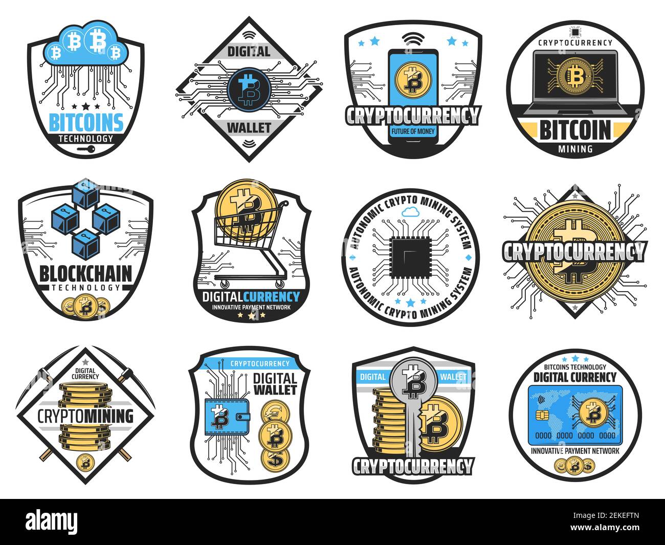 Cryptocurrency blockchain, bitcoin mining farm and digital wallet icons ...