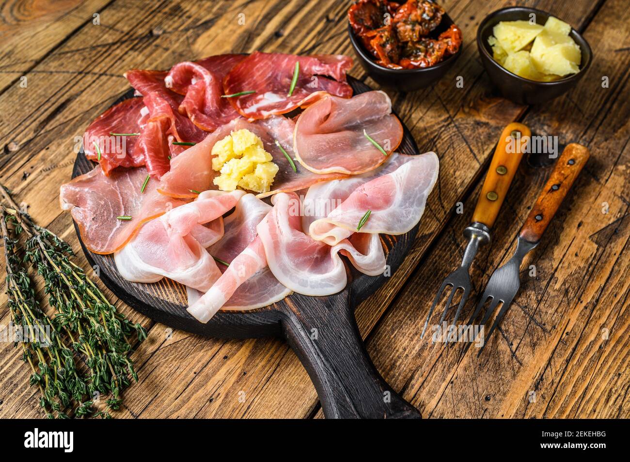Italian Cold smoked and cured meat, cheese parmesan. wooden background ...