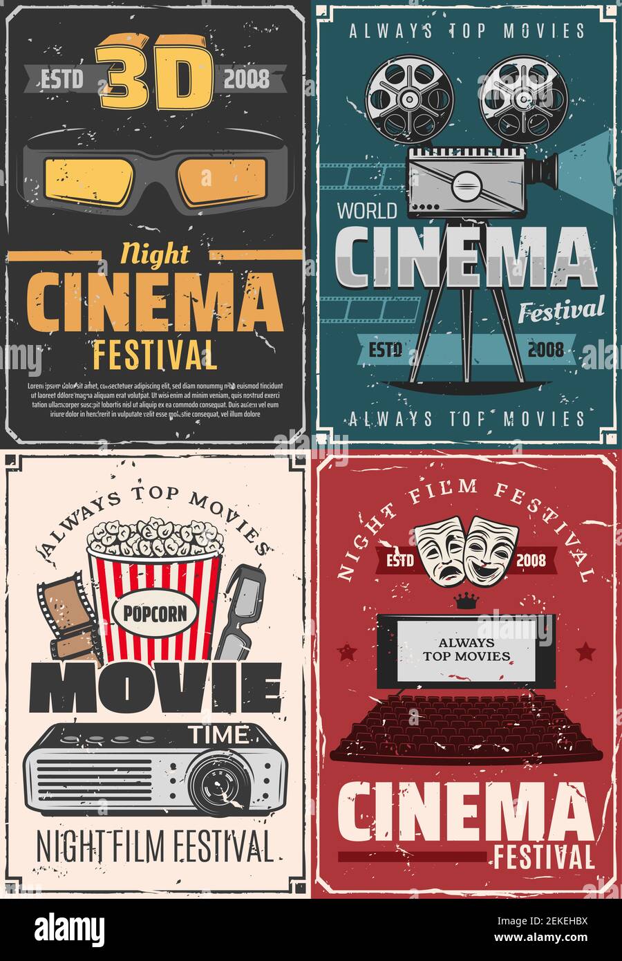 Film festival, cinema theater premiere night and movie vintage posters ...
