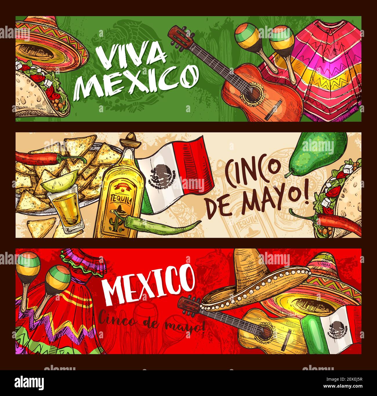 Cinco de Mayo Mexican traditional holiday sketch banners. Vector Cinco ...