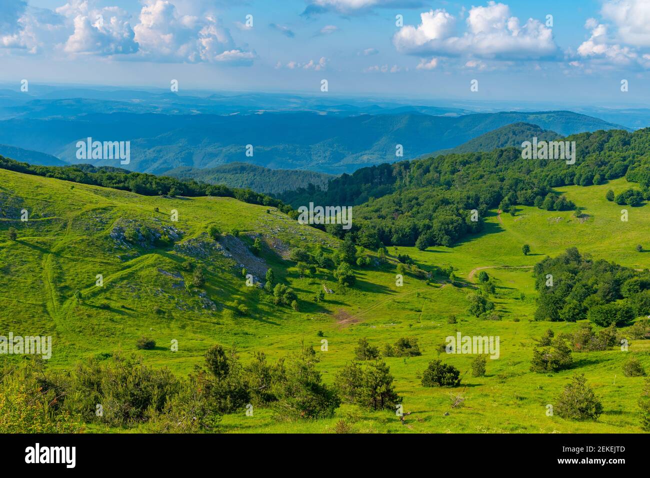 Central Balkan mountain range viewed from Buzludzha peak in Bulgaria ...