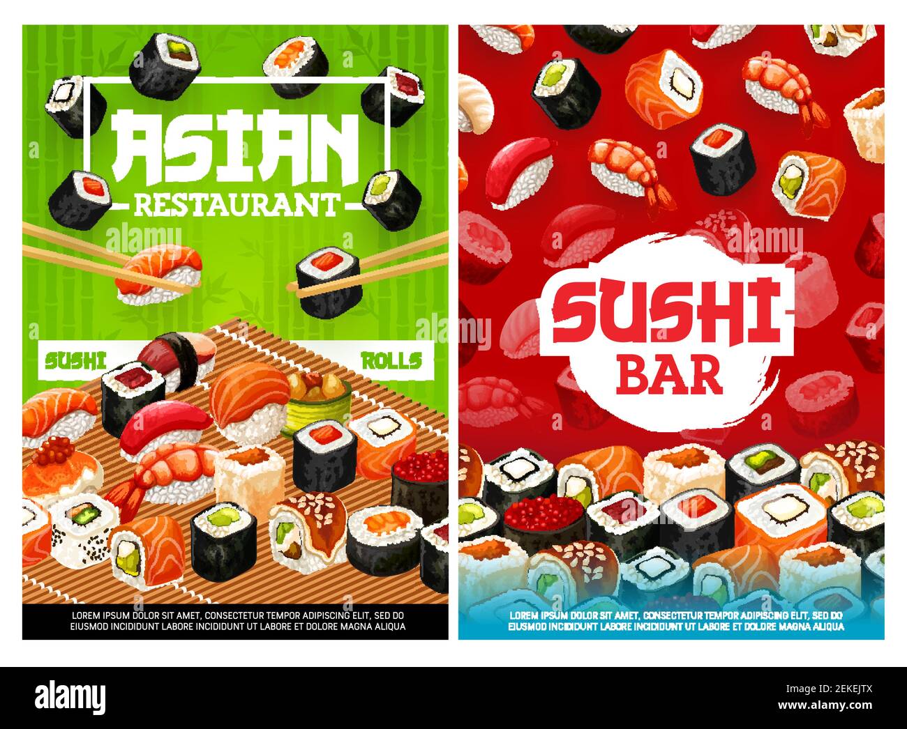 Sushi and rolls, Japanese food restaurant and bar menu covers. Vector ...
