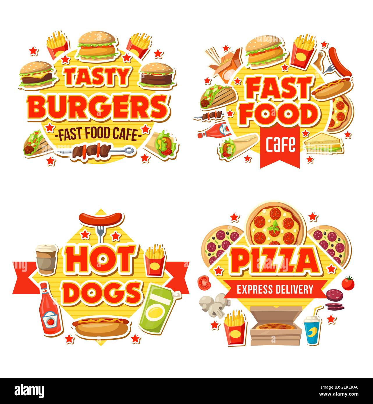Fast food delivery, cafe and burgers bar menu. Vector fastfood express ...