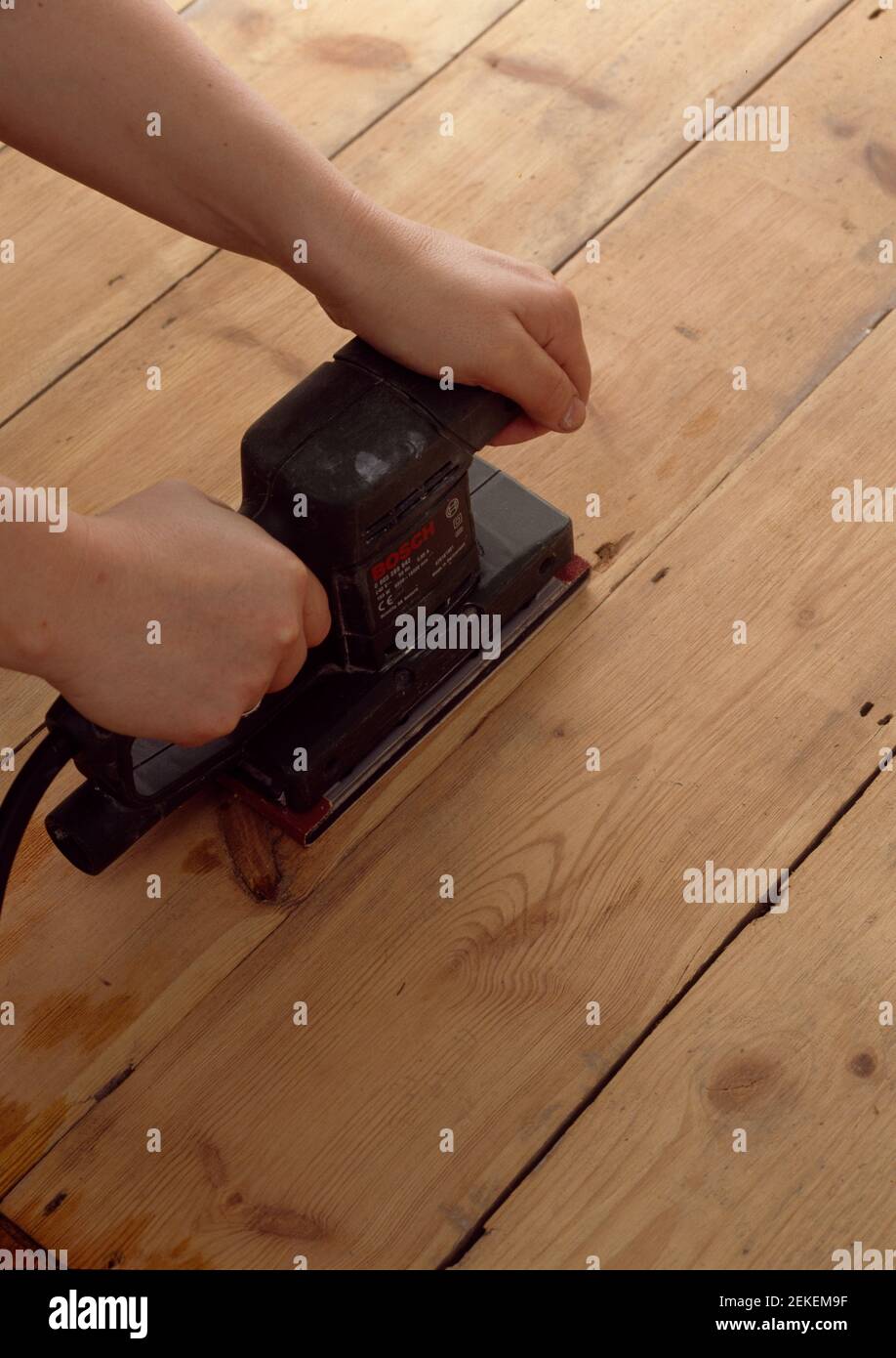 Diy steps showing preparing and finishing wooden floor Stock Photo - Alamy