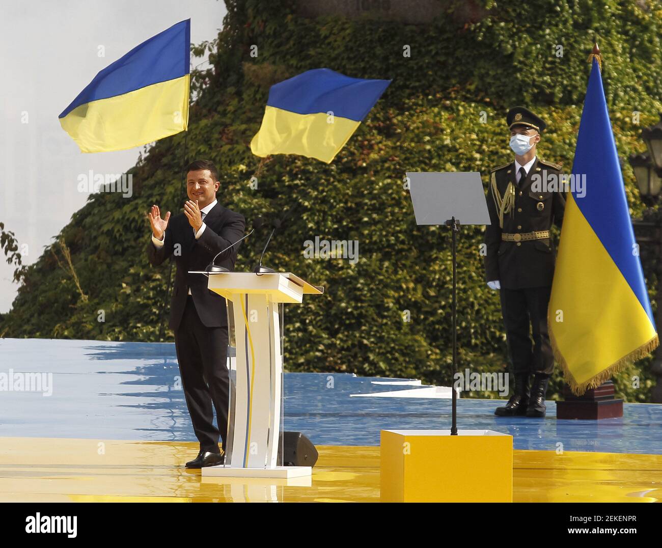 Ukrainian President, Volodymyr Zelensky applauds during a ceremony of ...