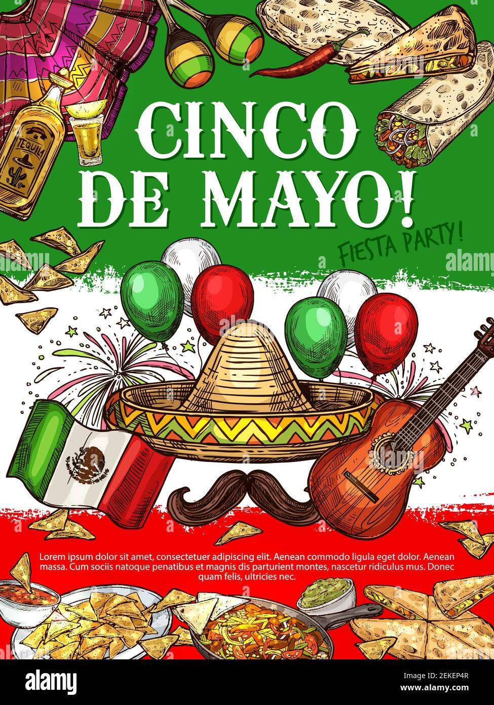 Cinco de Mayo day, Mexican holiday icons on national flag. Mexico ...