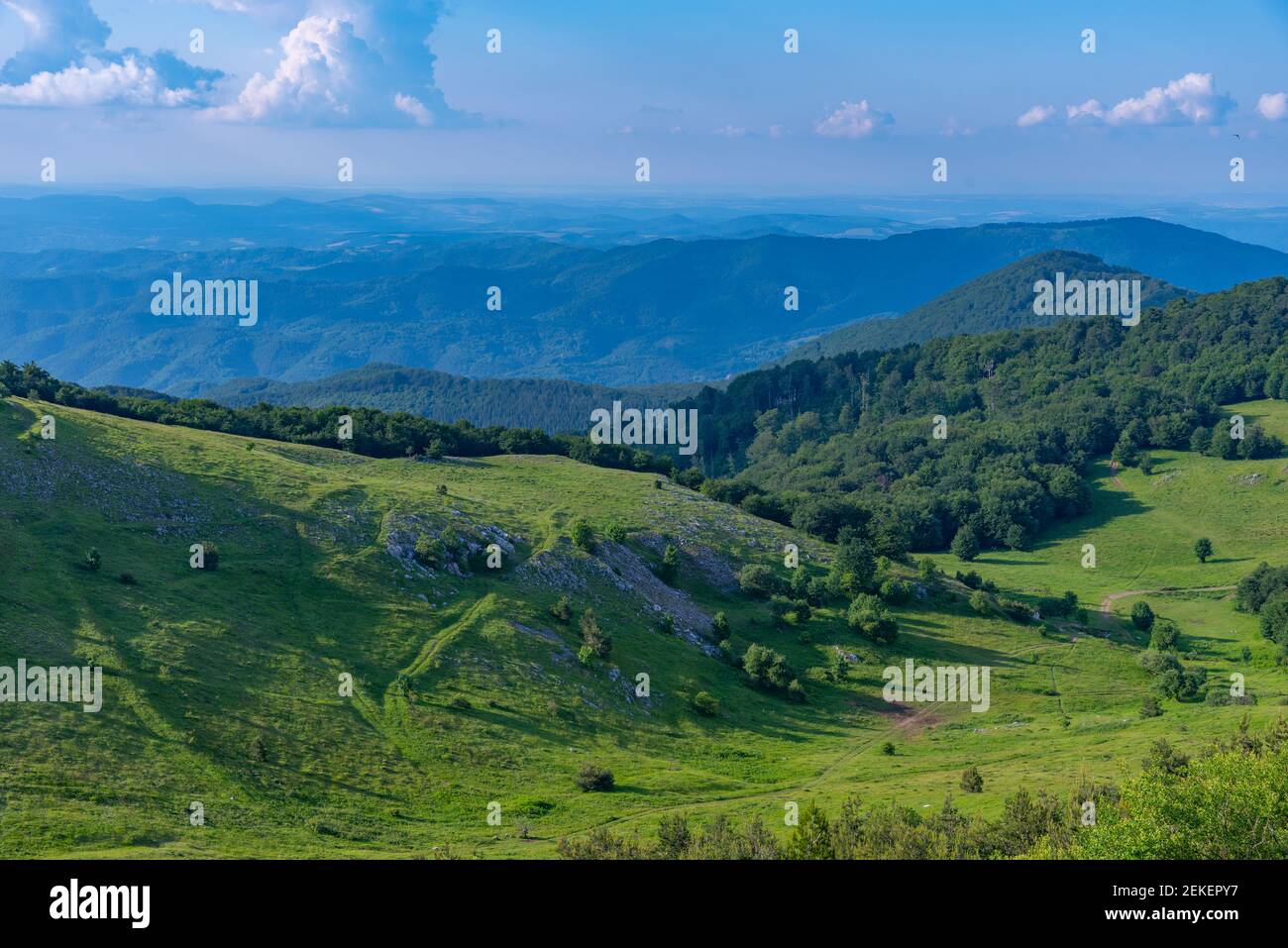 Central Balkan mountain range viewed from Buzludzha peak in Bulgaria ...
