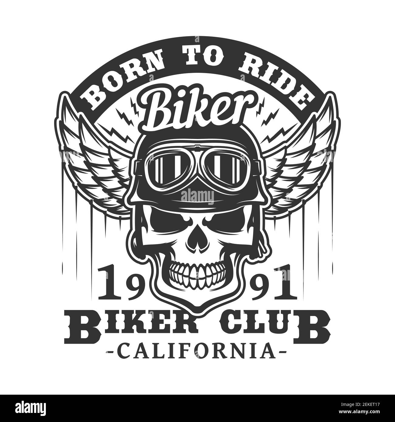 Biker club badge of skull in motorcyclist glasses and helmet with wings ...