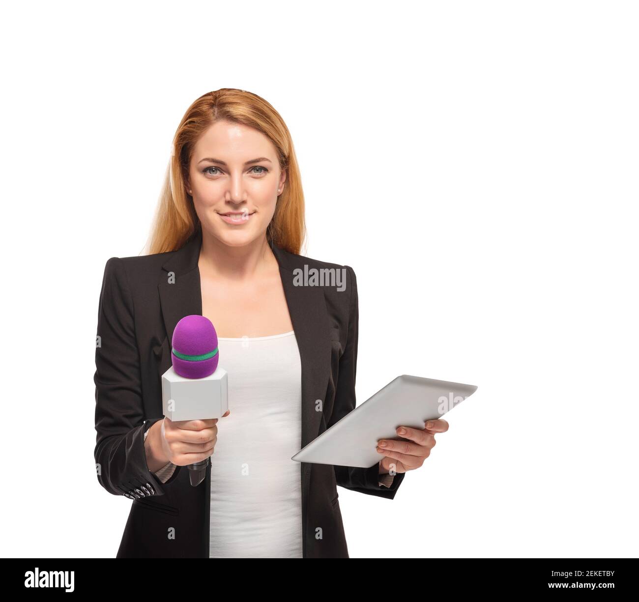A woman reporter is holding a microphone. The Stock Photo - Alamy