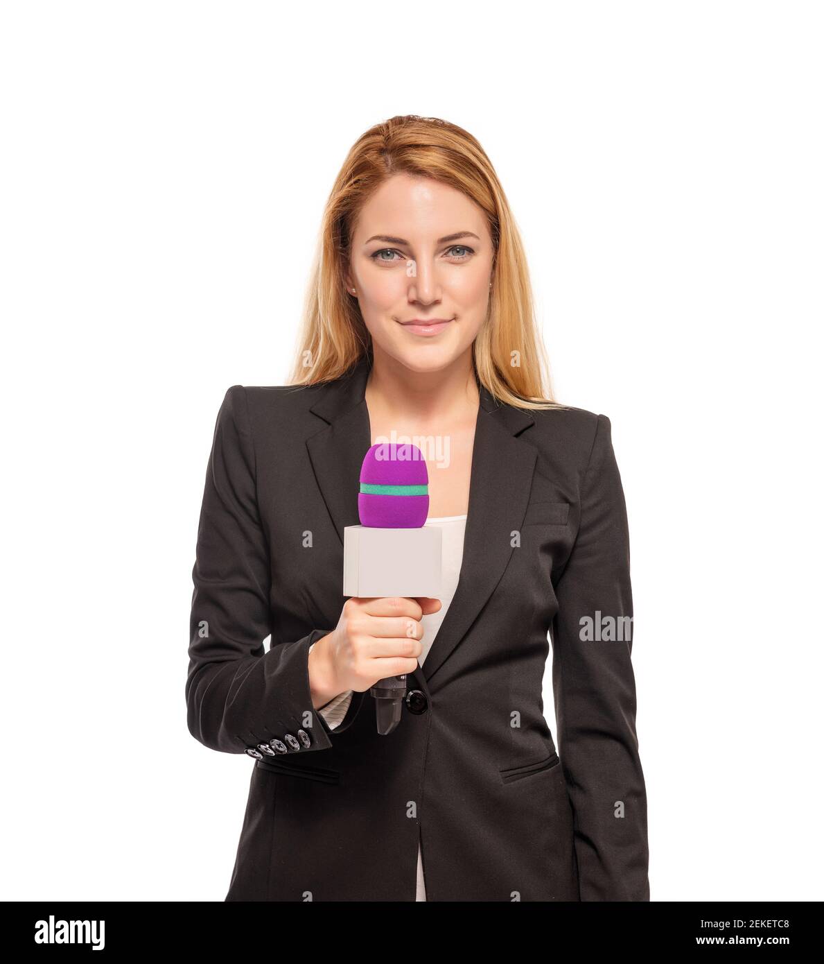 A woman reporter is holding a microphone. The Stock Photo - Alamy