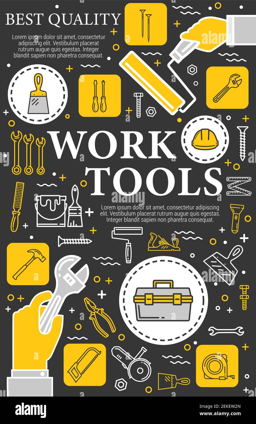 Work tools thin line poster, home repair and house renovation ...