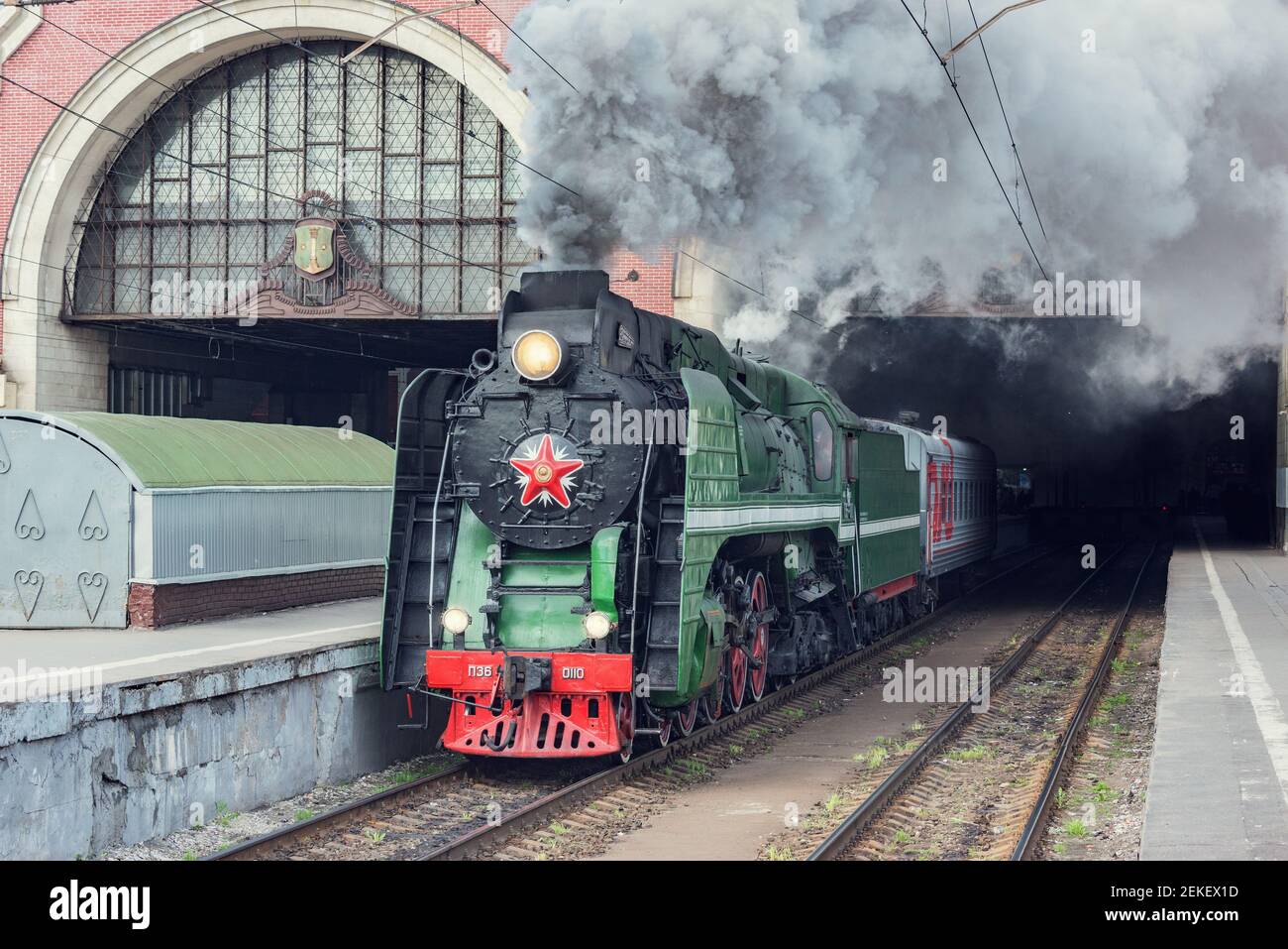 Moscow, Russia - May 25, 2019: Steam retro train departs from the Kazan ...