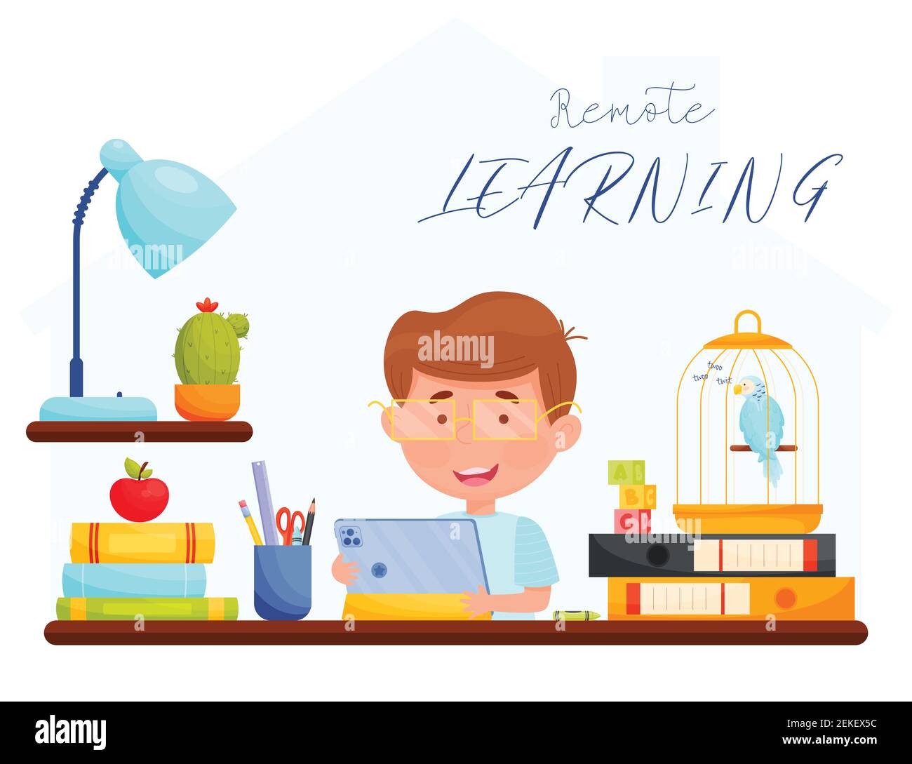 Boy with tablet sitting by the table. Online learning. Remote learning ...