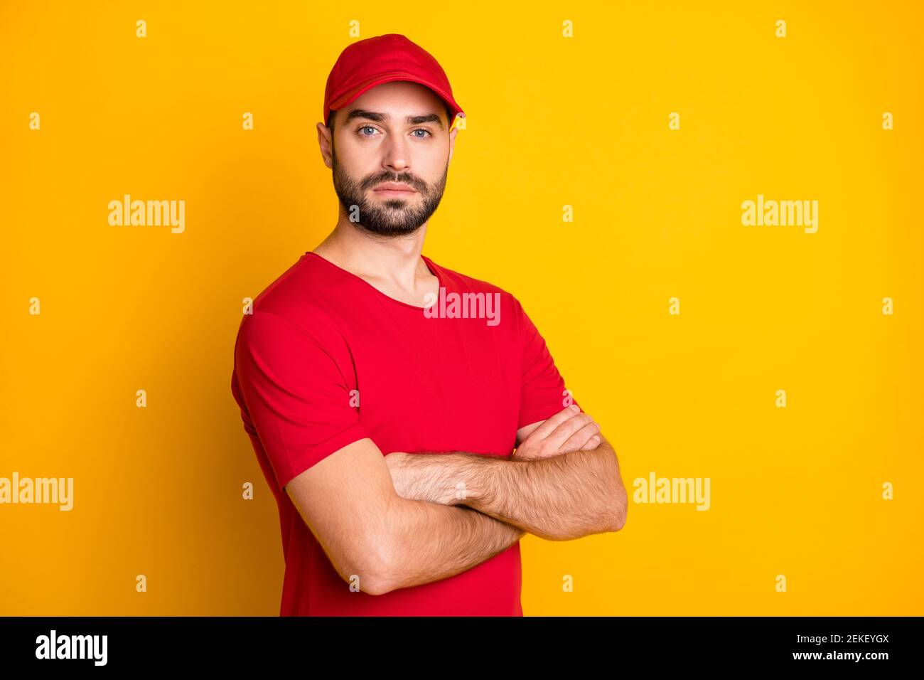 Profile side view portrait of attractive virile content guy mailman ...
