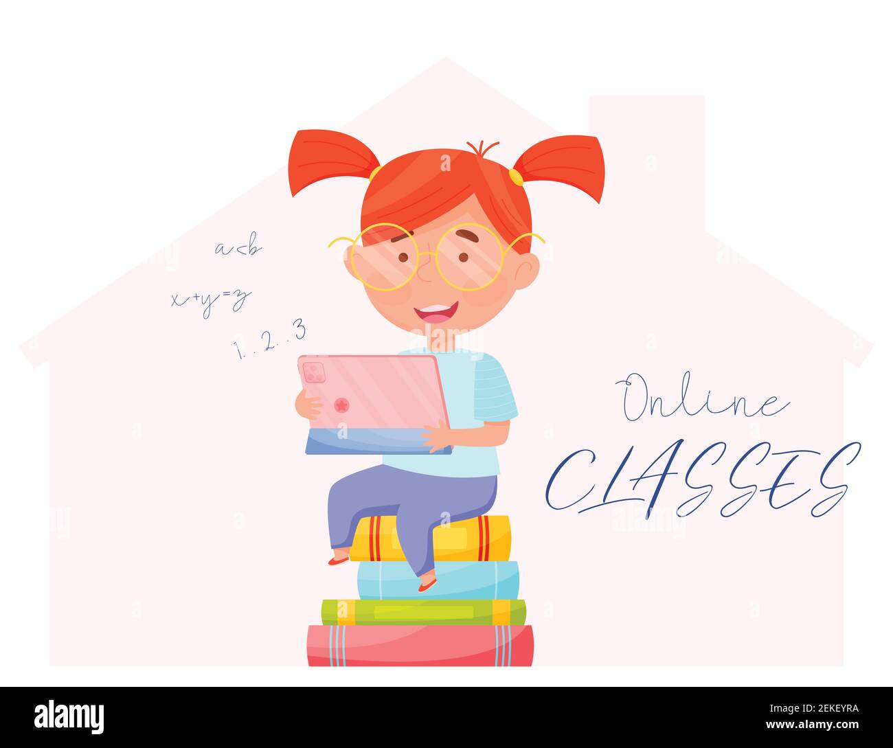Happy girl with tablet during online classes. Remote learning concept ...