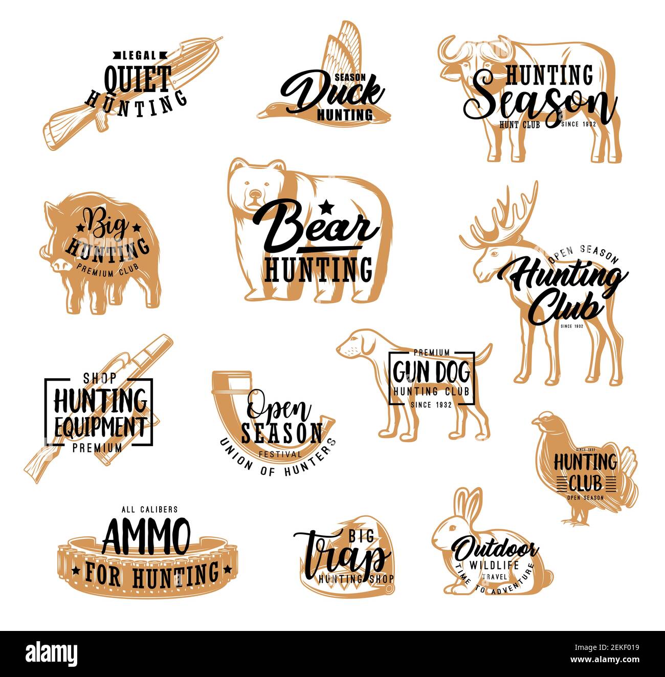 Hunter club badges, hunting season lettering icons. Vector African ...