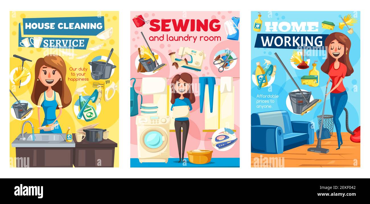 Home cleaning and housewife house service posters. Vector home laundry ...