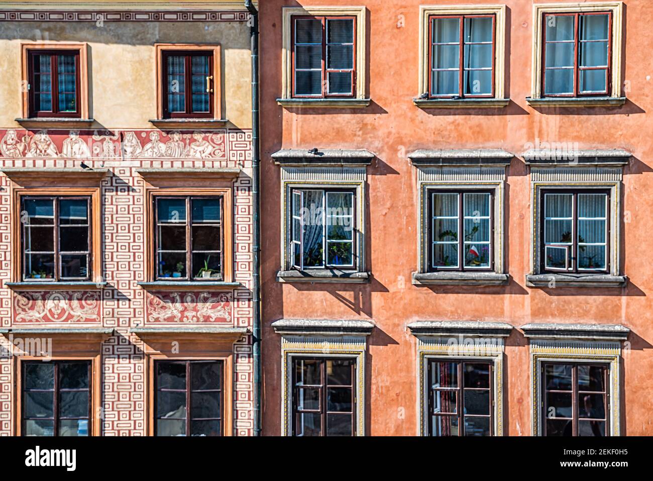 Warsaw, Poland closeup of wall in rynek old town market square with ...
