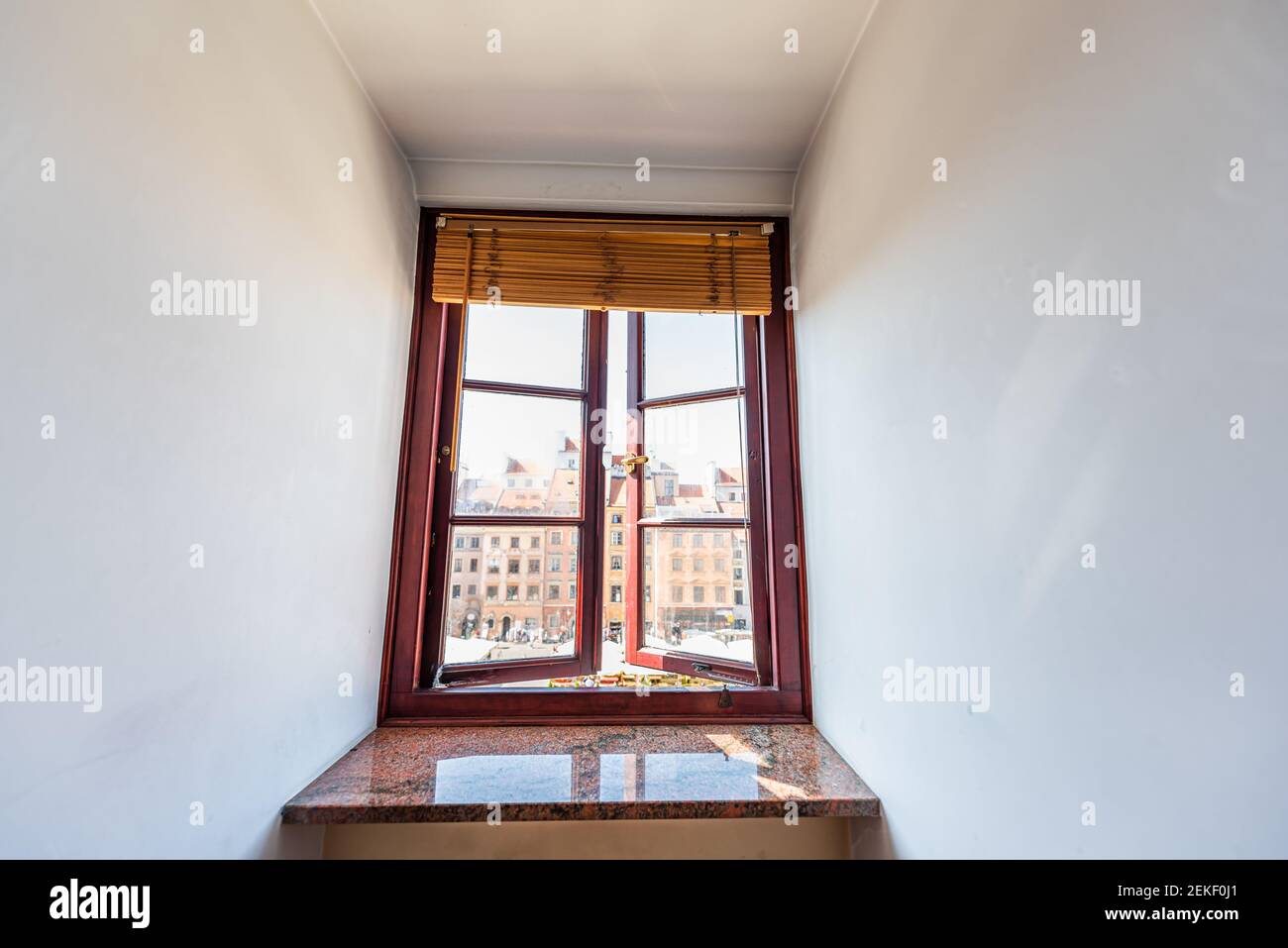 Historic Warsaw, Poland city view through open glass window of old town ...