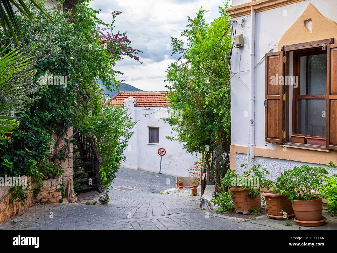 Cozy street and beautiful architecture in Kas Town, Turkey Stock Photo ...