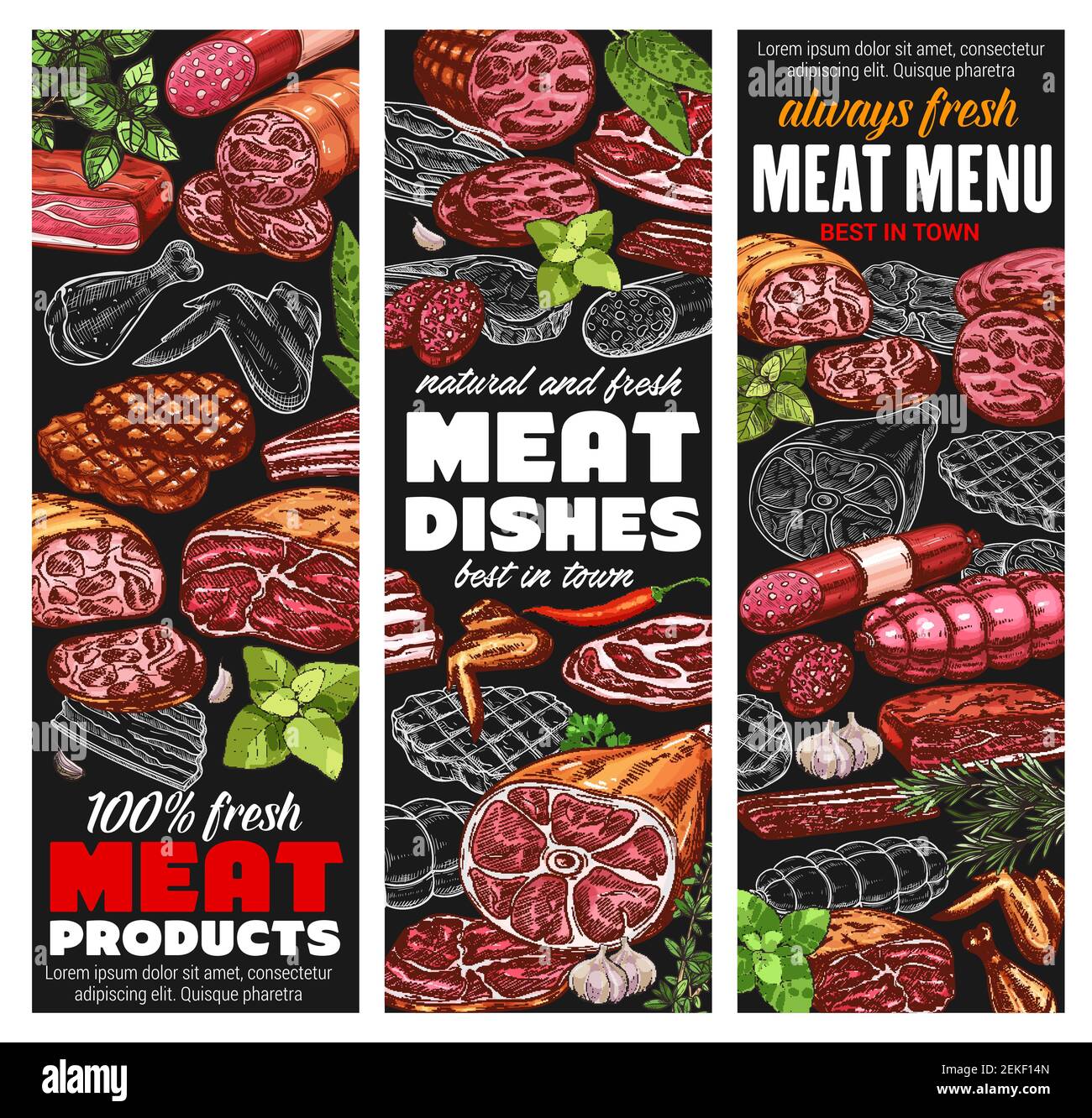 Meat products and sausages, butcher shop sketch menu banners. Vector ...