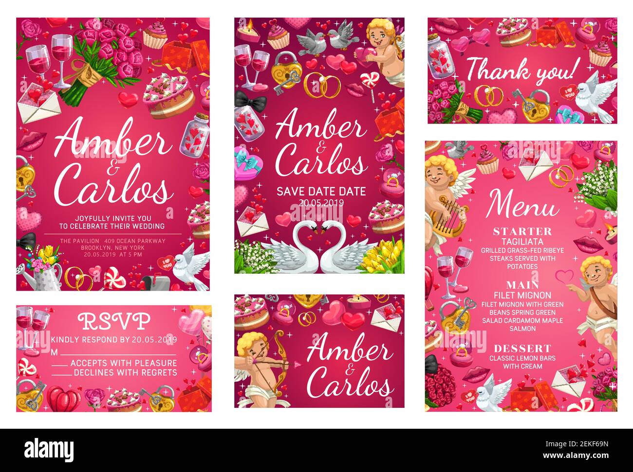 Save the date menu, rsvp card and bride and groom names lettering ...