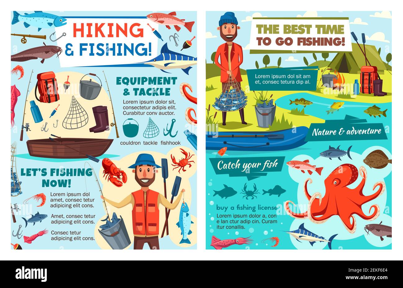 Sea fishing tackles, fish catch lures and fisher equipment. Vector ...