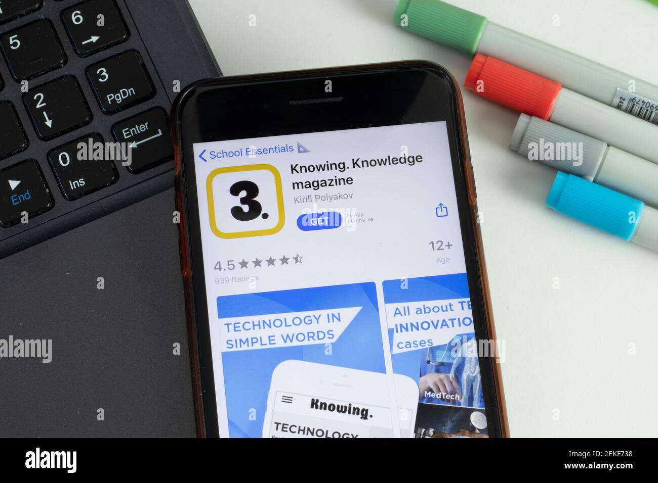 New York, USA - 17 February 2021: Knowing. Knowledge magazine mobile ... New York, USA - 17 February 2021: Knowing. Knowledge magazine mobile ...