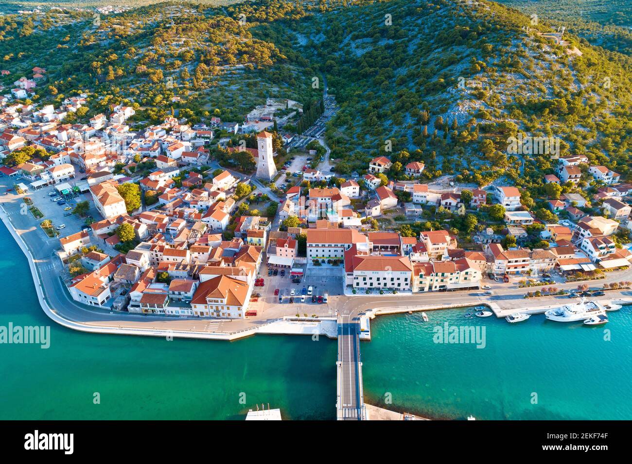 Coastal town of Tisno aerial panoramic view, bridge to island of Murter ...