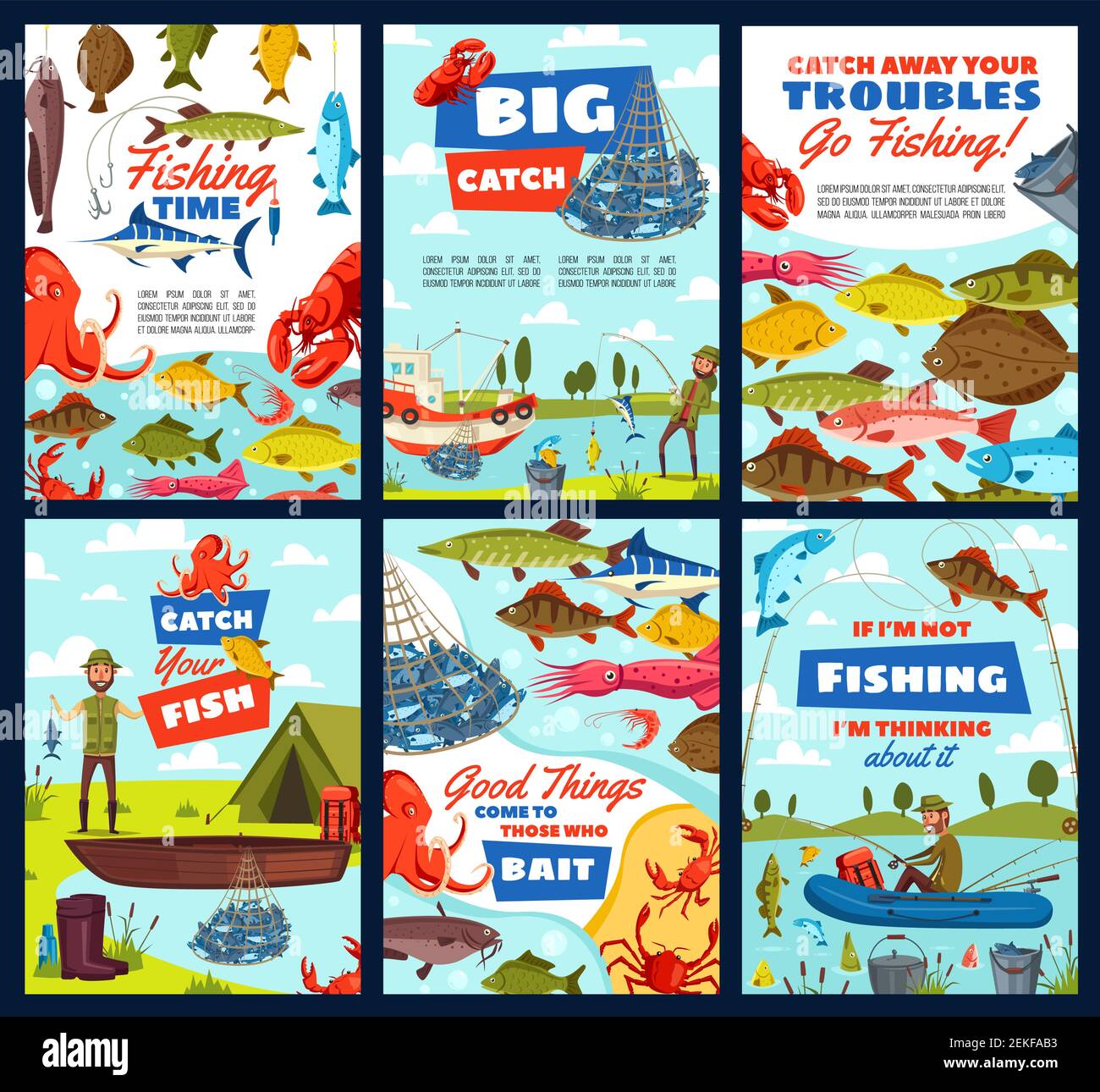 Fishing sport tours, sea and ocean fish catch, fisher equipment tackles ...