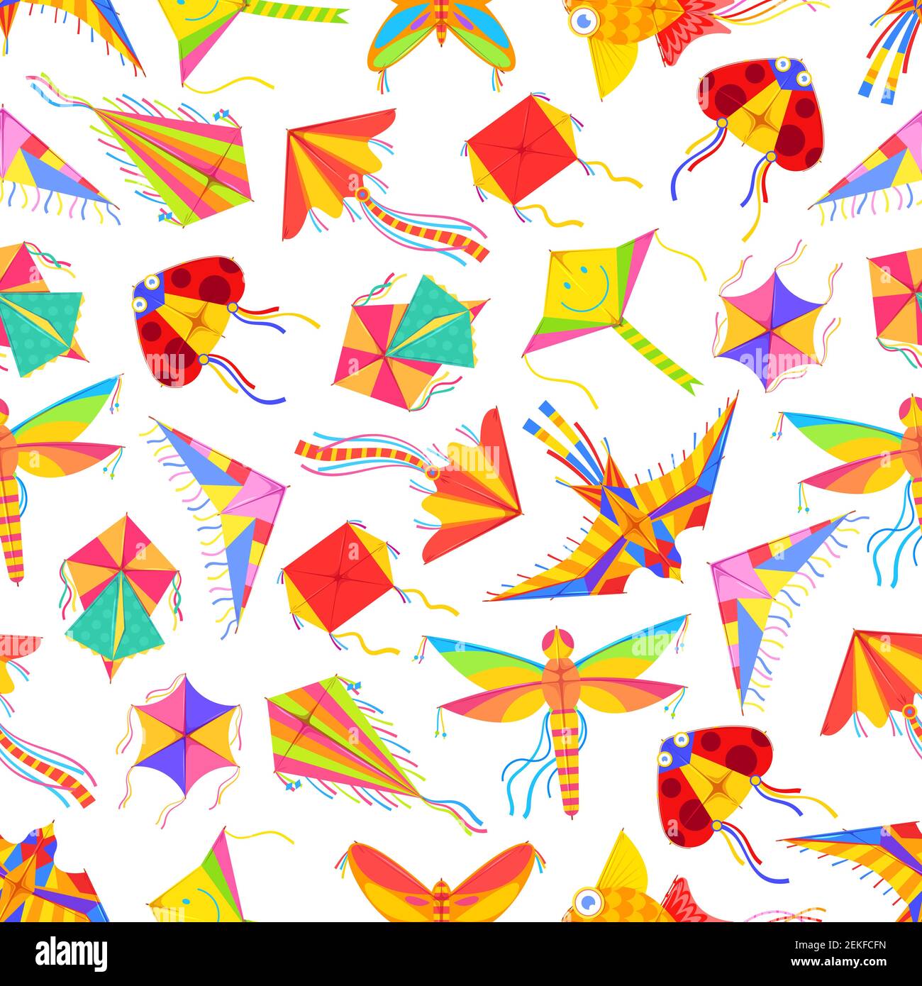 Cartoon kites seamless pattern. Vector background of flying color paper ...