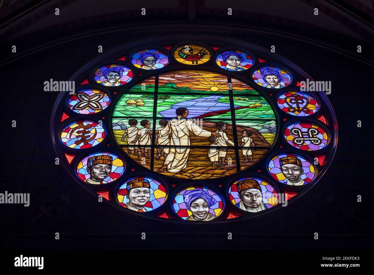 A stained glass window at New Mount Pilgrim Missionary Baptist Church ...
