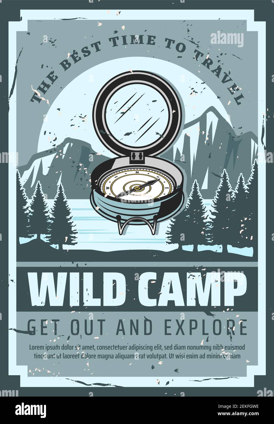 Mountain camping adventure and wild nature travel trips vintage poster ...