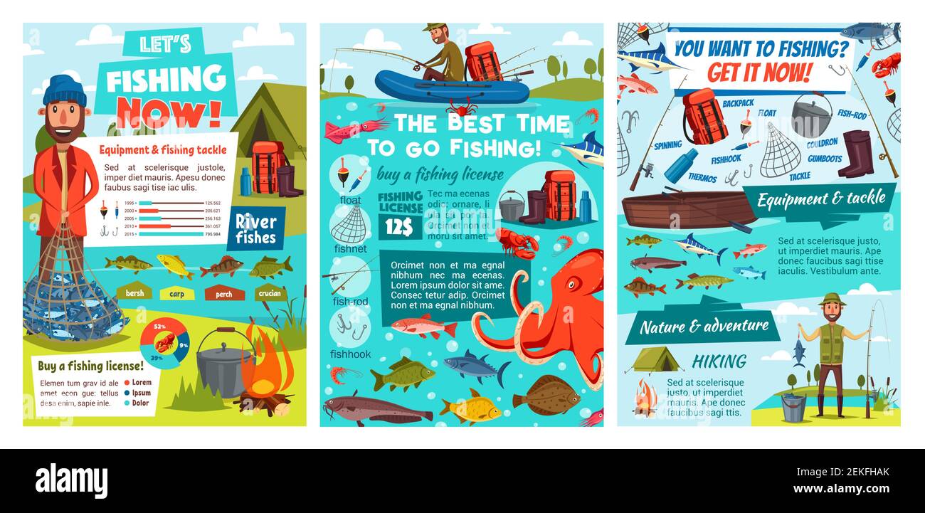 Sea fishing infographic, tackles and fish catch lures, fisher equipment ...