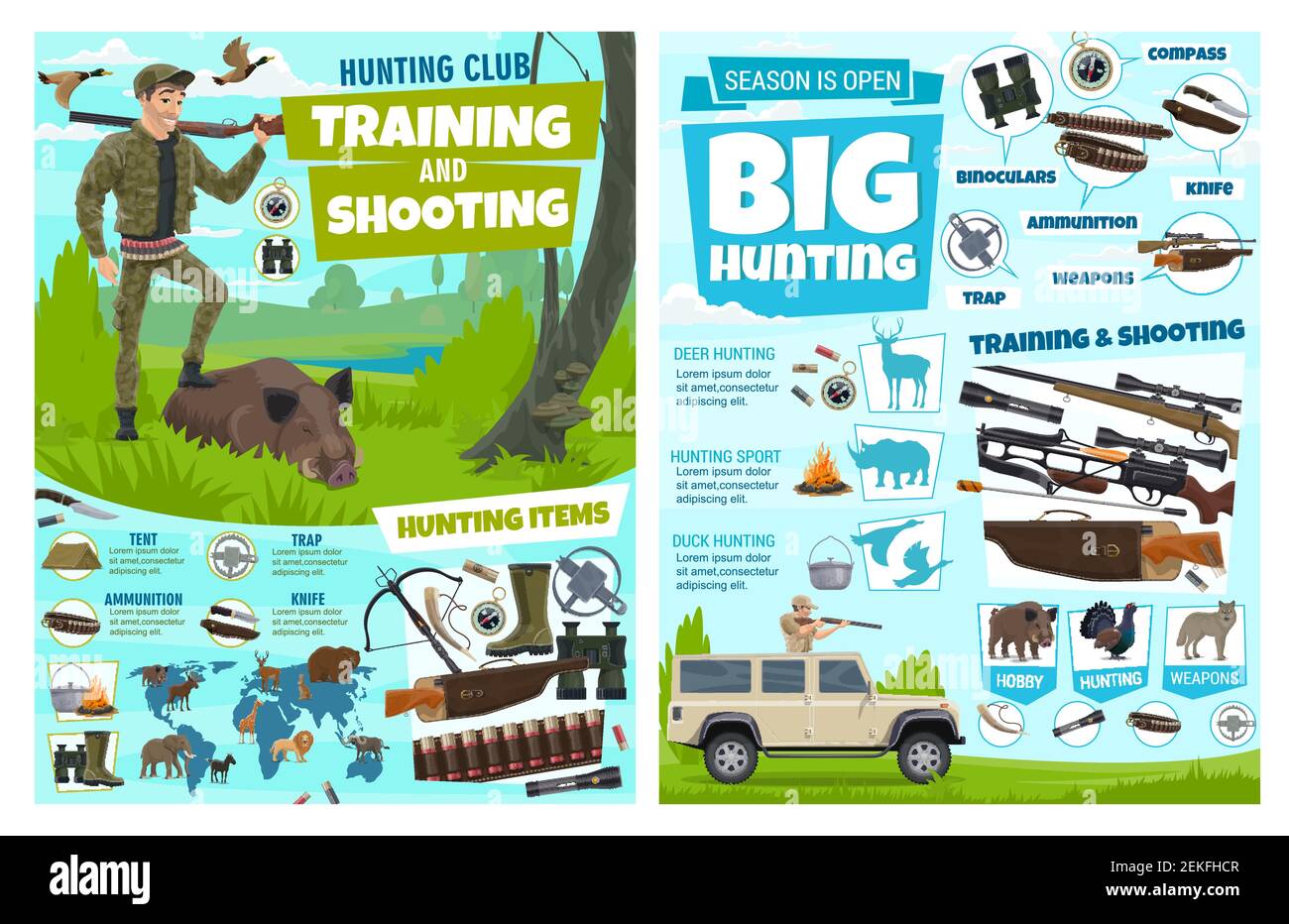 Hunting infographic, African safari hunt wild animals and hunter ammo ...