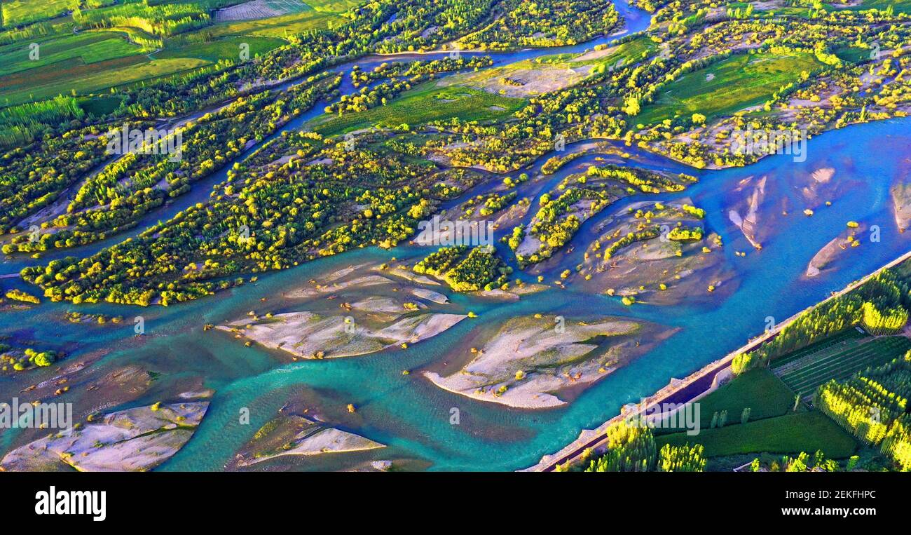 Aerial view of Kaidu River in Xinjiang Uyghur autonomous region,26 ...