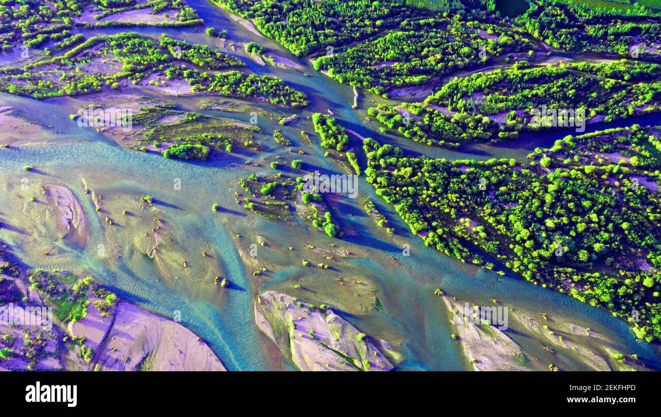Aerial view of Kaidu River in Xinjiang Uyghur autonomous region,26 ...
