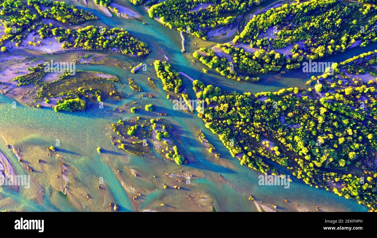 Aerial view of Kaidu River in Xinjiang Uyghur autonomous region,26 ...