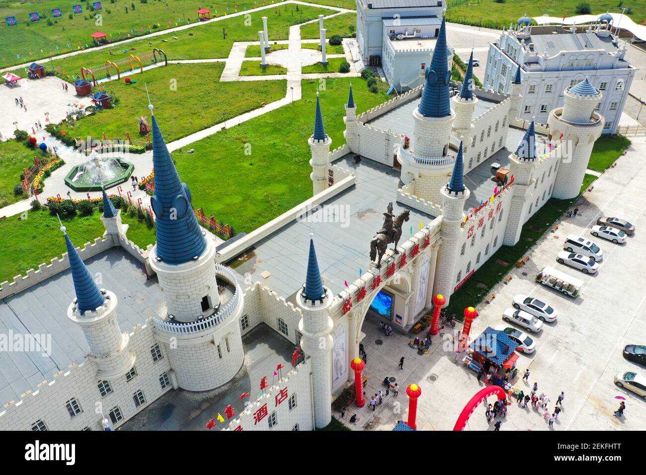 Aerial view of a European style castle by Lake Dai in Ulanqab city ...