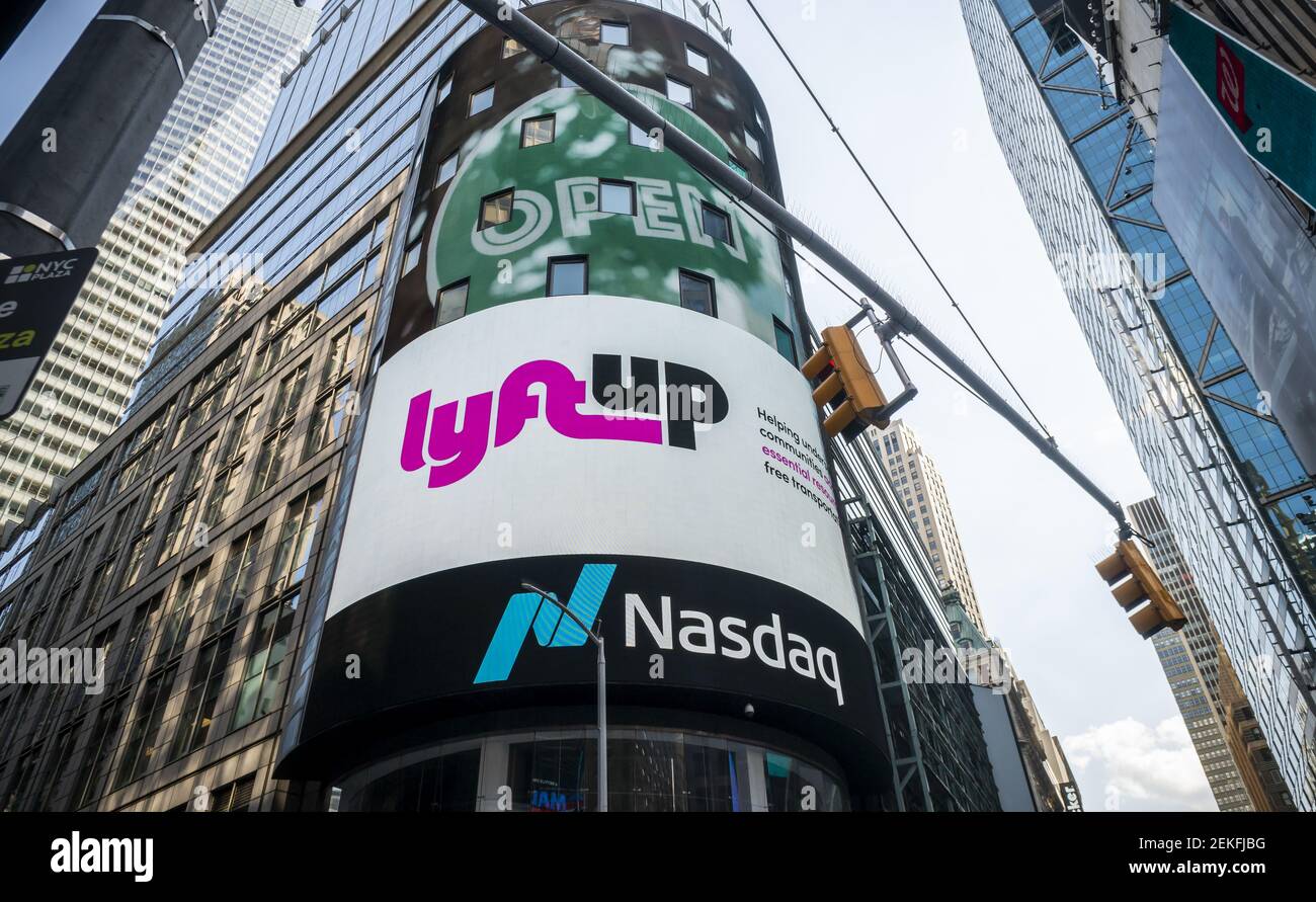 The giant Nasdaq video screen in Times Square in New York promotes ...